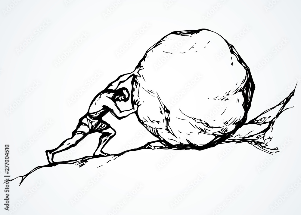 A man rolls a stone up the hill. Vector drawing Stock Vector | Adobe Stock