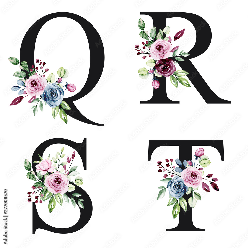 Floral alphabet, letters Q, R, S, T with watercolor flowers roses and ...