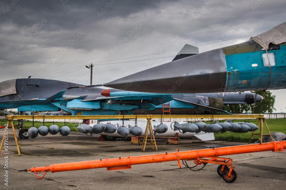 Russian military fighter bomber planes Su-34 at closed airfield Stock ...