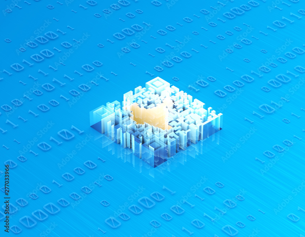 Binary code, network data transmission, information transmission, currency symbol and QR code ...