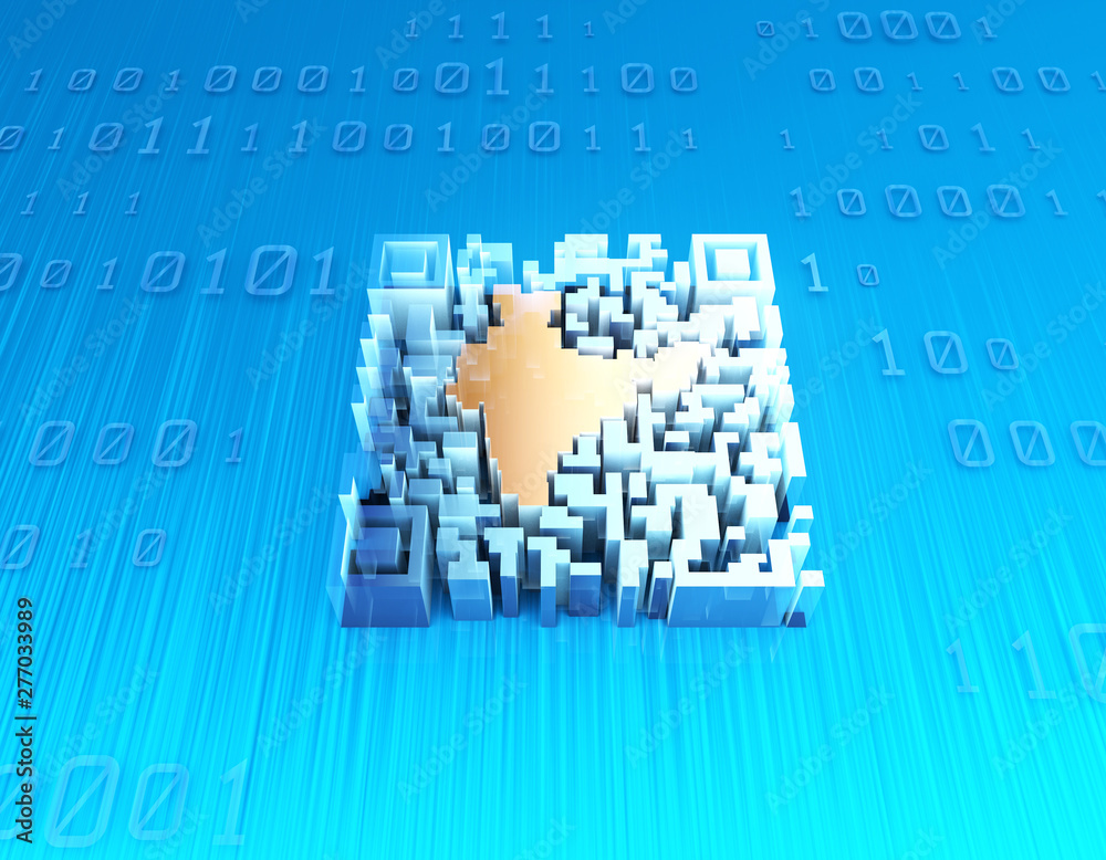 Binary code, network data transmission, information transmission, currency symbol and QR code ...