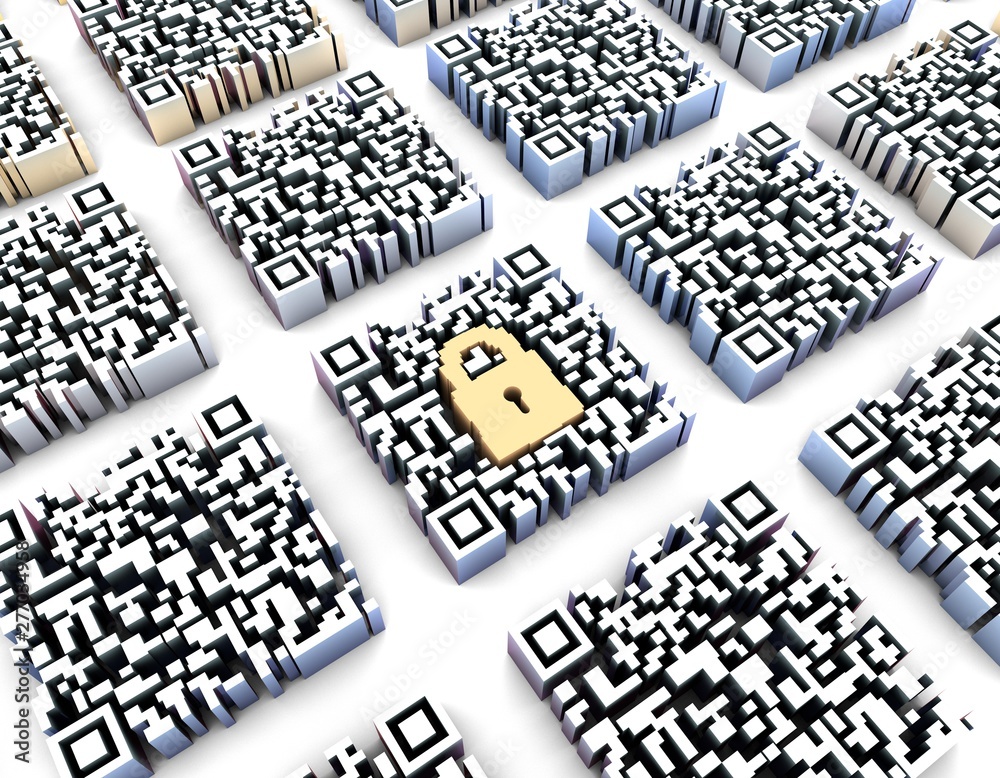 Binary code, network data transmission, information transmission, currency symbol and QR code ...