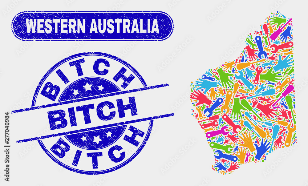 Assemble Western Australia map and blue Bitch textured stamp. Colored ...