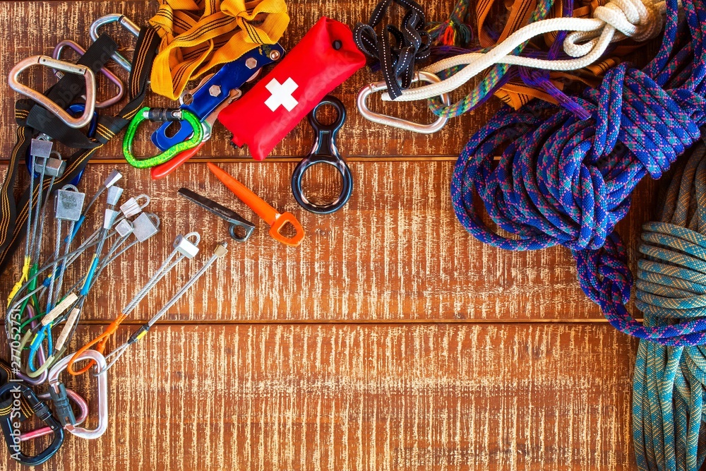 Climbing equipment for safe climbing sportsmen. Frame from safety ...