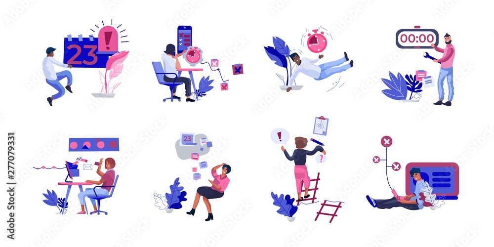 Scenes of people organizing work. Failing and falling persons at work ...