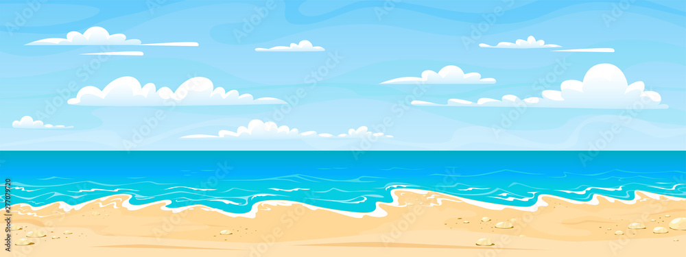Sea beach landscape. Cartoon summer sunny day, ocean view horizontal ...