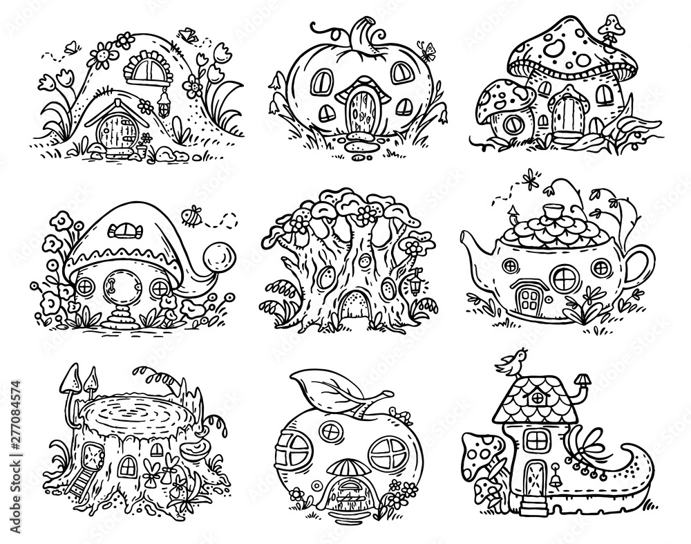 Cute cartoon elven, fairy or gnome houses in the form of pumpkin, tree ...