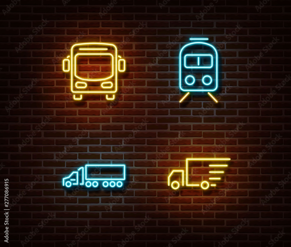 Neon transport signs vector isolated on brick wall. Bus, train, truck ...