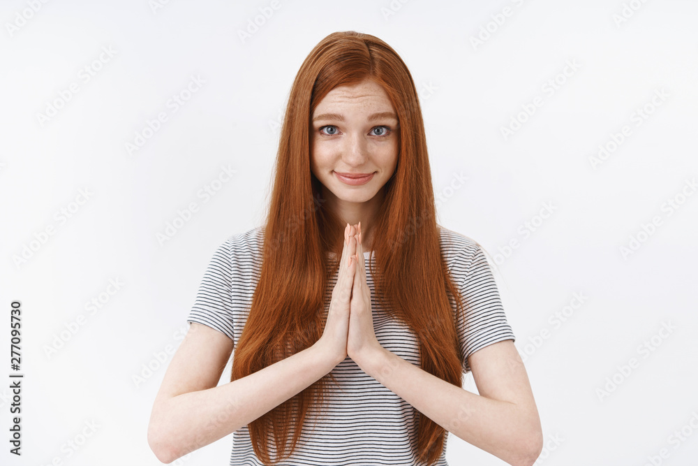 Girl promise kindly asking help smiling angel charming grin make ...