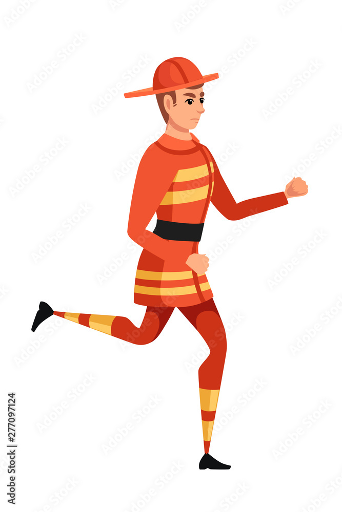 Adult male firefighter running on ground wearing fireproof form cartoon ...