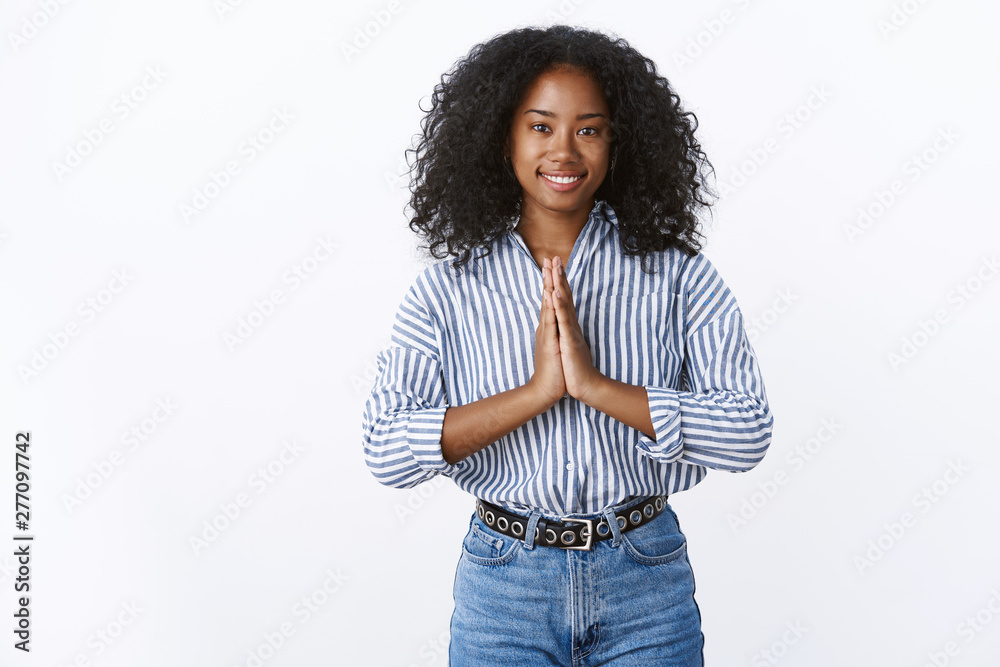 Polite pleasant good-looking female office assistant greeting asian ...