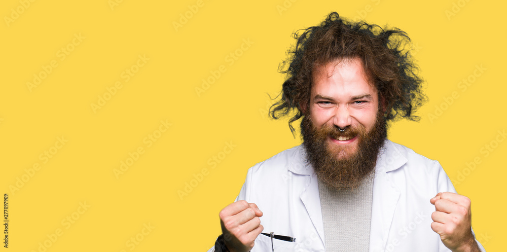 Crazy scientist with funny long hair celebrating surprised and amazed ...