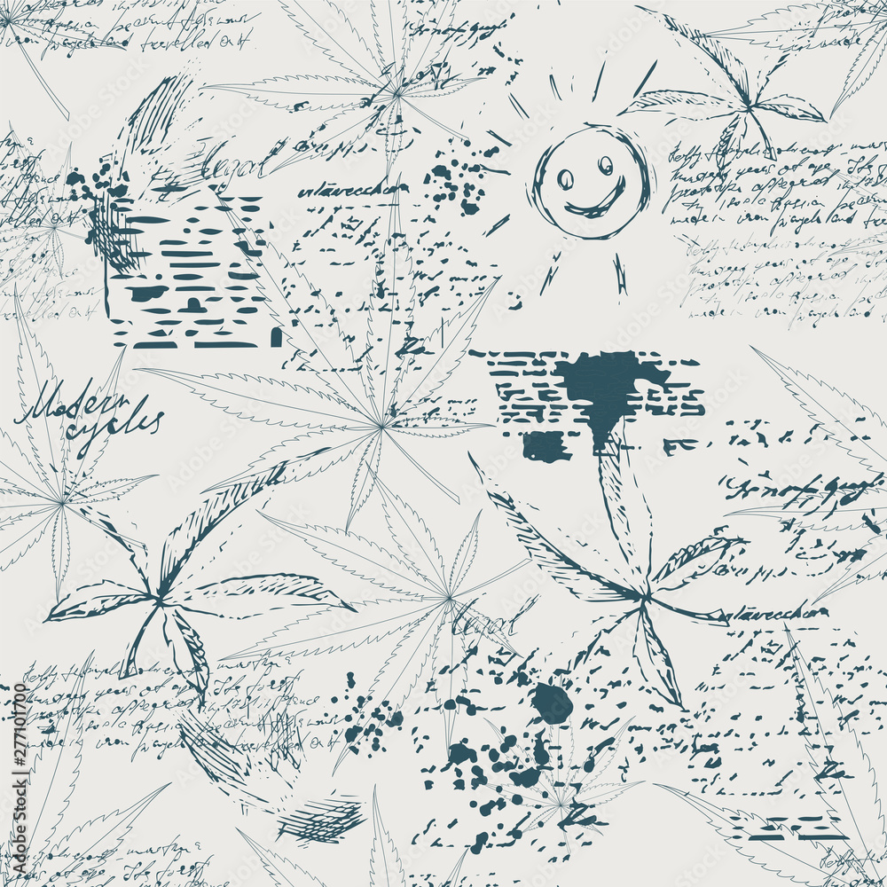 Marijuana, cannabis. Hand drawing with grunge texture. Seamless pattern ...