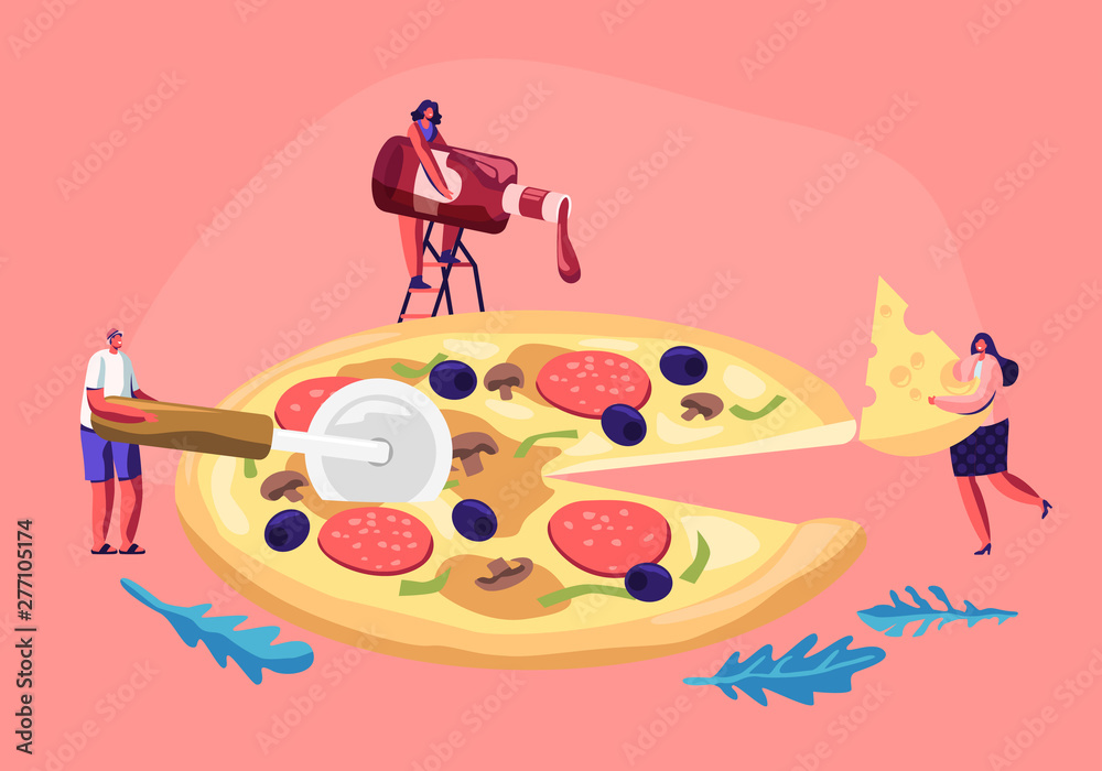 Tiny People Eating Huge Pizza. Male and Female Characters Cut with ...