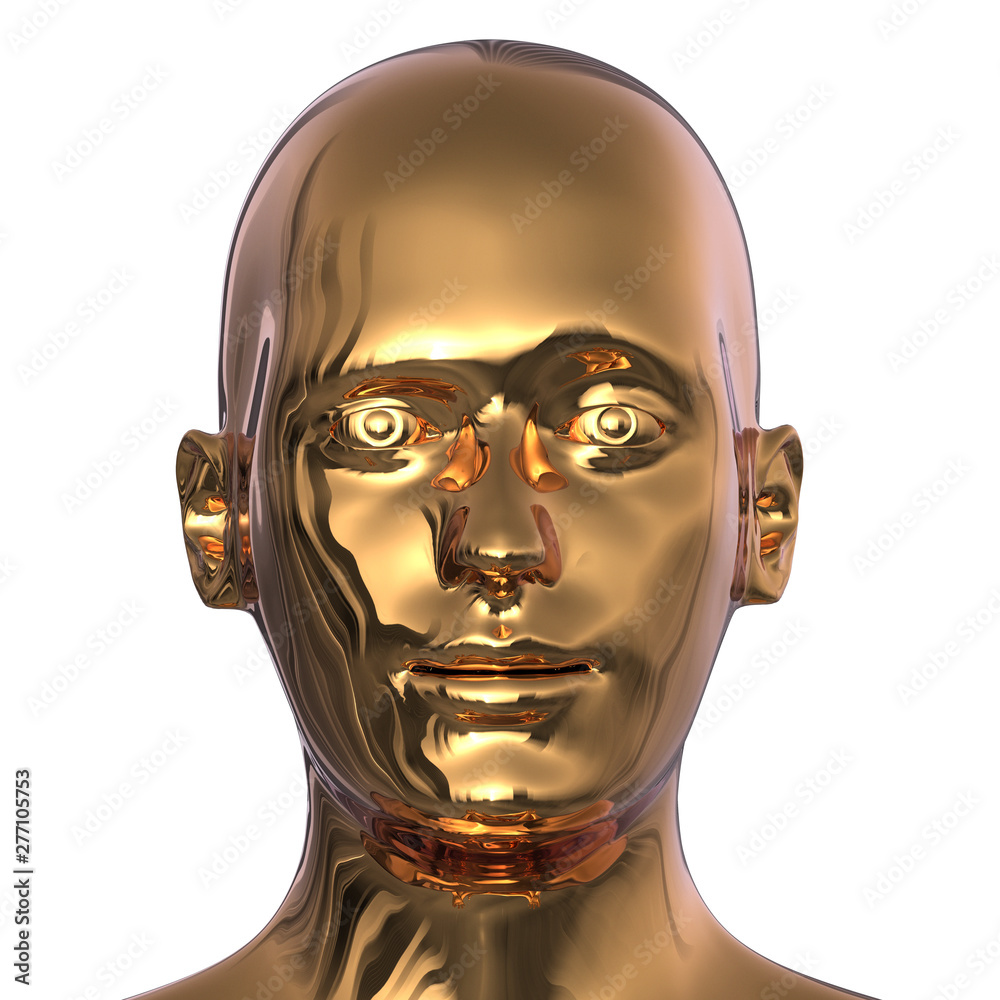 3d illustration of golden man head stare look portrait face close-up ...