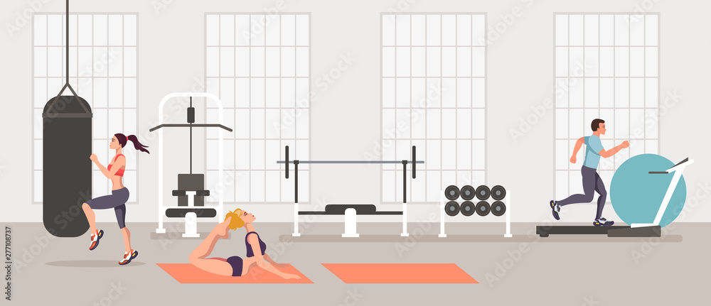 Sport people doing exercise in gym. Vector flat graphic design isolated ...