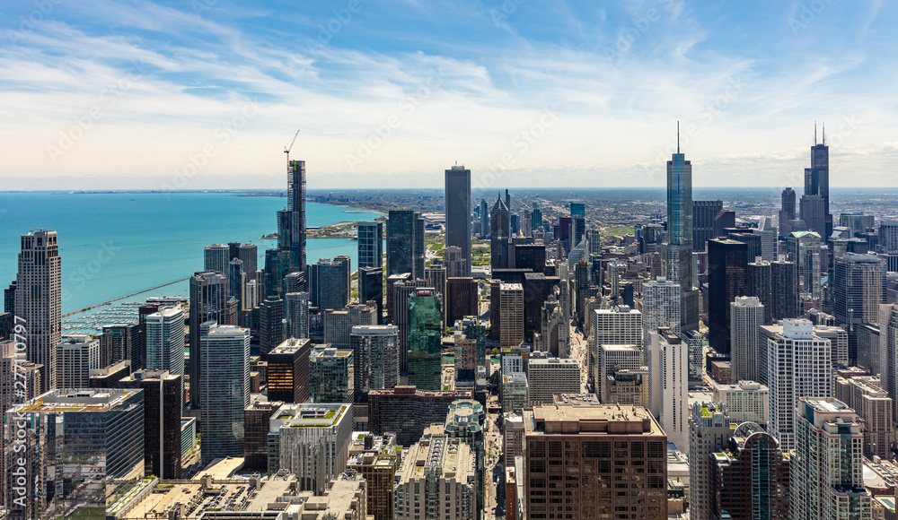 Chicago city skyscrapers aerial view, blue sky background. Skydeck ...