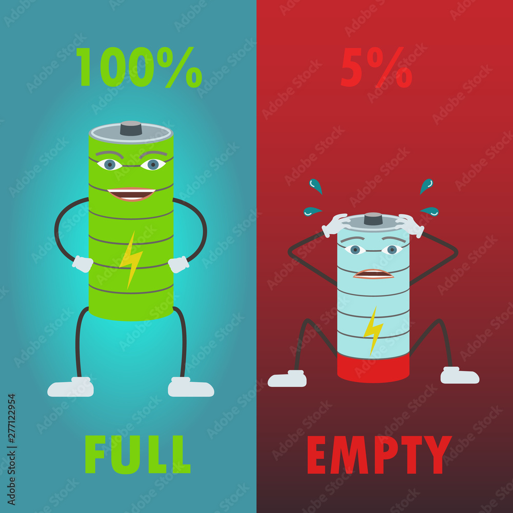 Battery cartoon character icons for full and empty charge vector ...