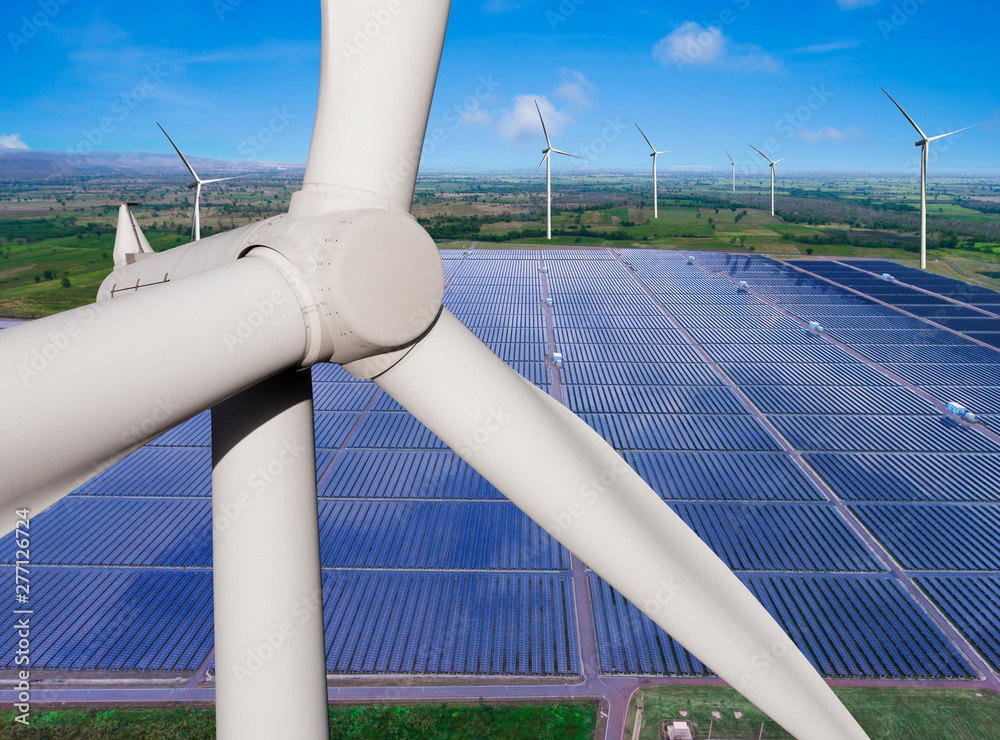 Solar energy panel photovoltaic cell and wind turbine farm power ...