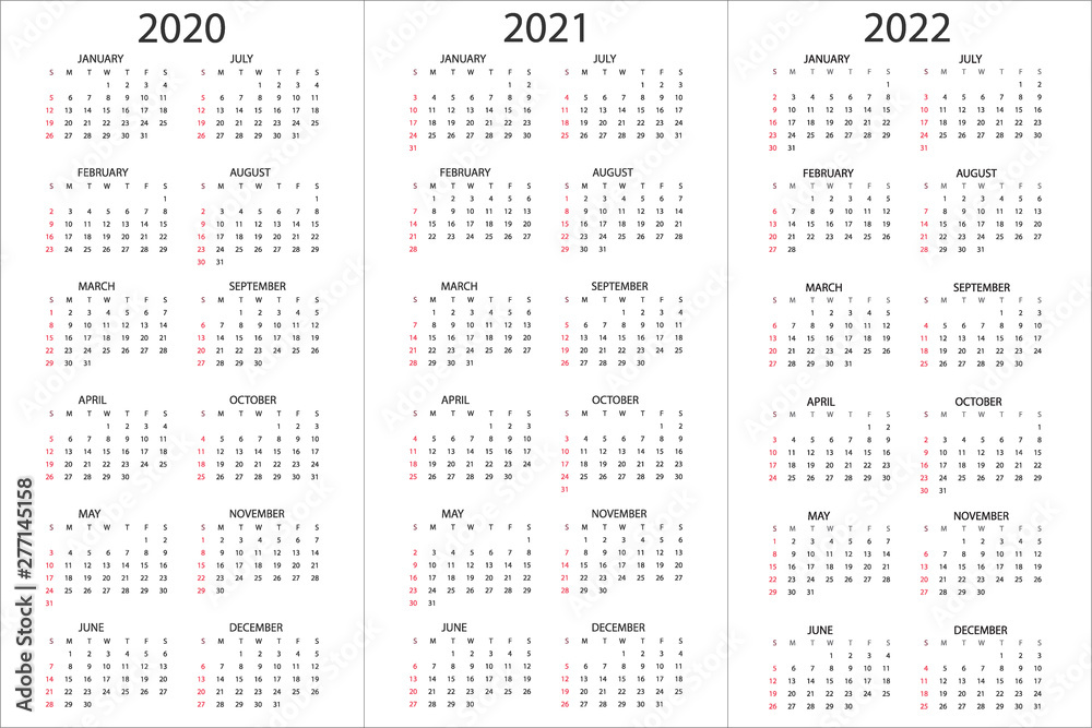 Set of Calendars 2020, 2021, 2022 years, simple design template ...