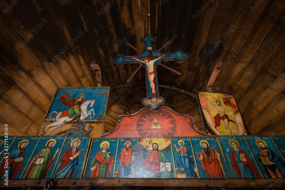 Interior of the log church of Saint George in Takovo, Serbia. Church ...