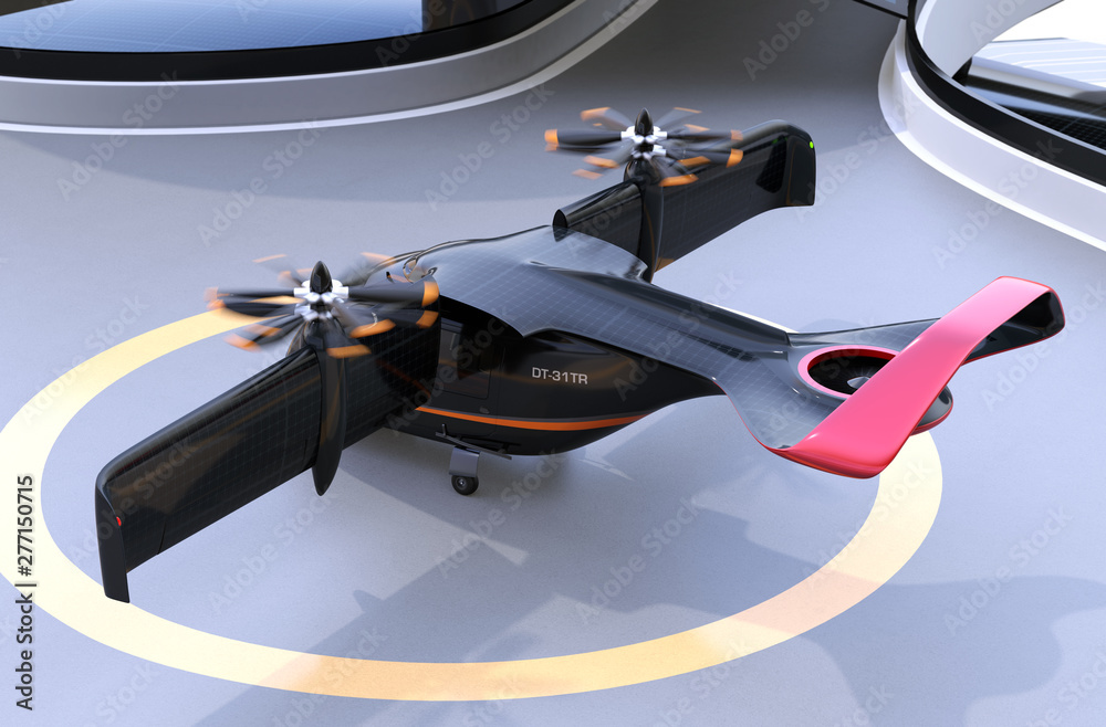Rear view of E-VTOL passenger aircraft waiting for takeoff from airport ...