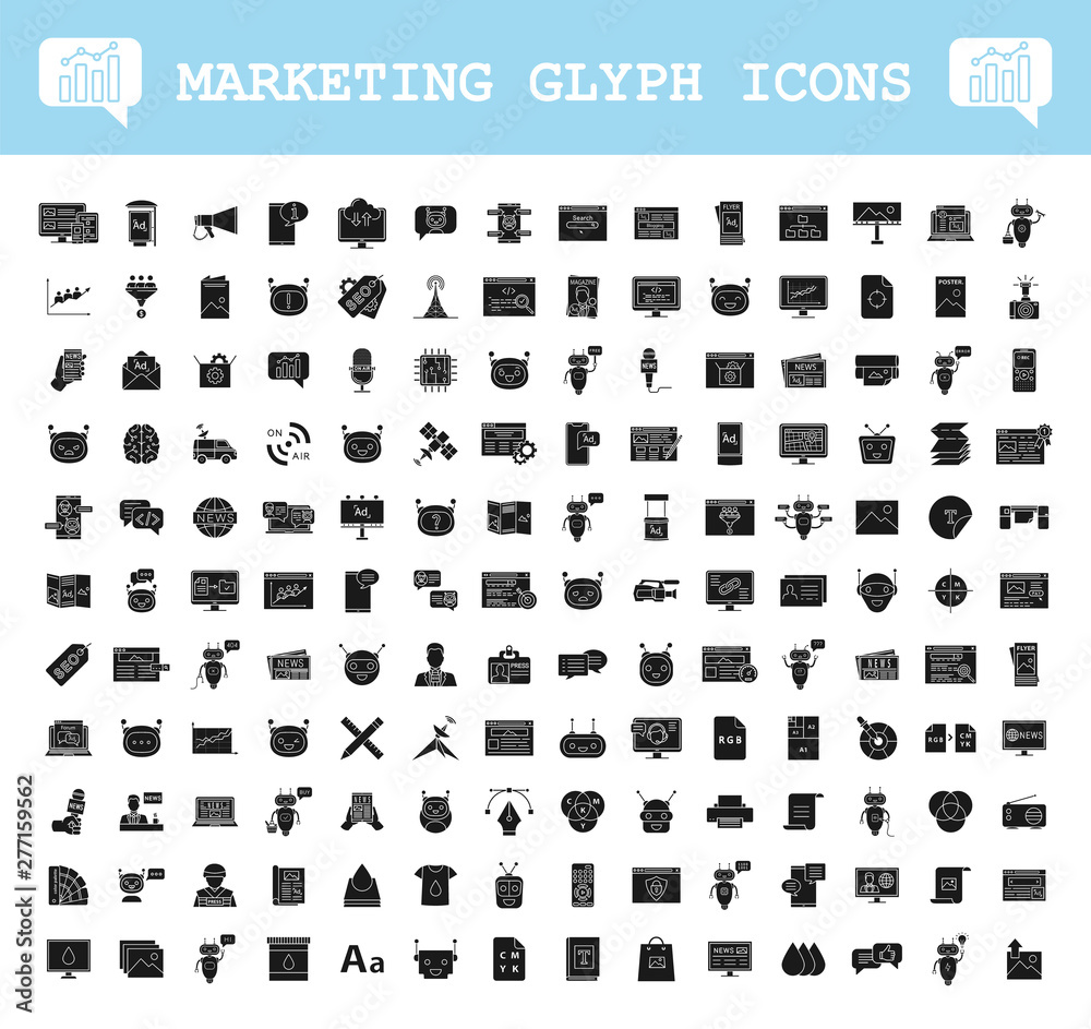 Marketing glyph icons big set. Silhouette symbols. Referral marketing ...