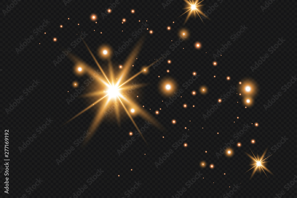 Set of gold glowing light effects isolated on dark background. Glow ...