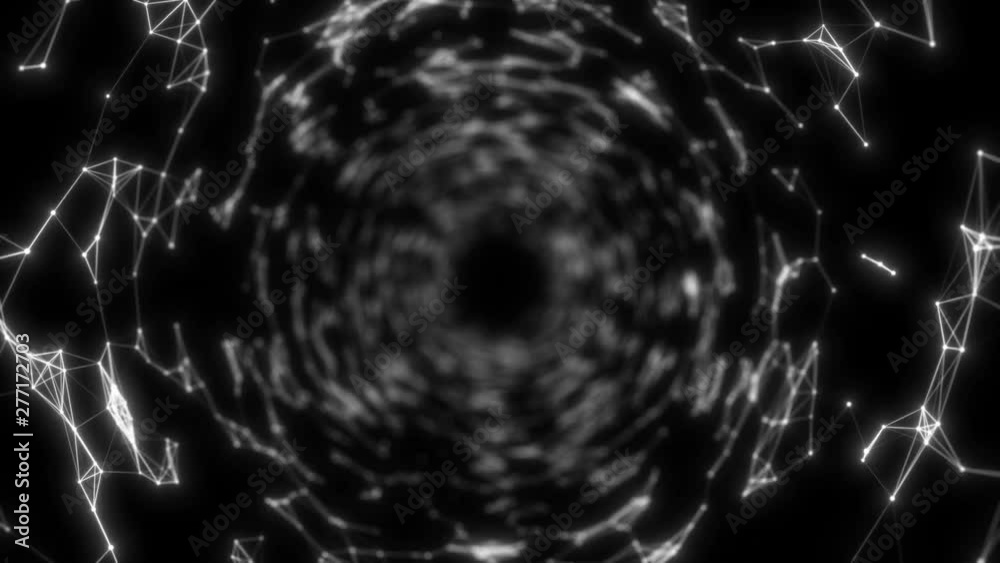 Going forward through an abstract tunnel. Light lines and nodes structure. Animated plexus ...