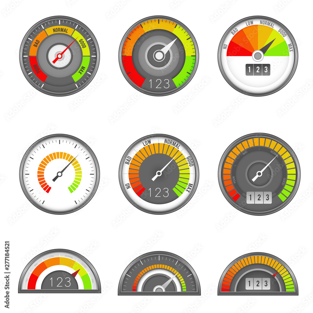 Credit indicator. Speedometer score gauge level scale, indicator rate ...