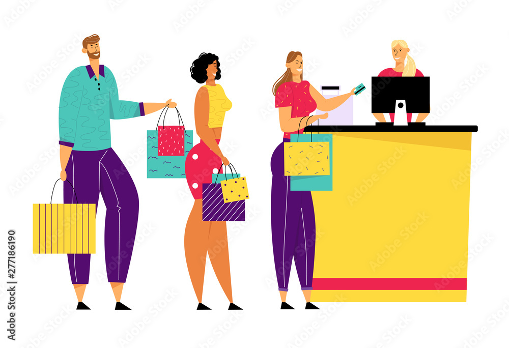 Shopping Queue in Supermarket, Male and Female Customer Characters with ...