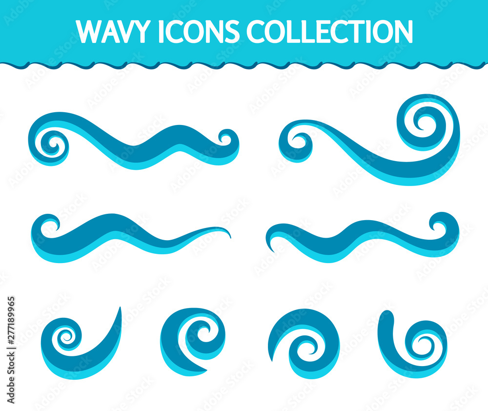 Cartoon wave icons, set of simple swirls and splashes, swirly shapes on ...