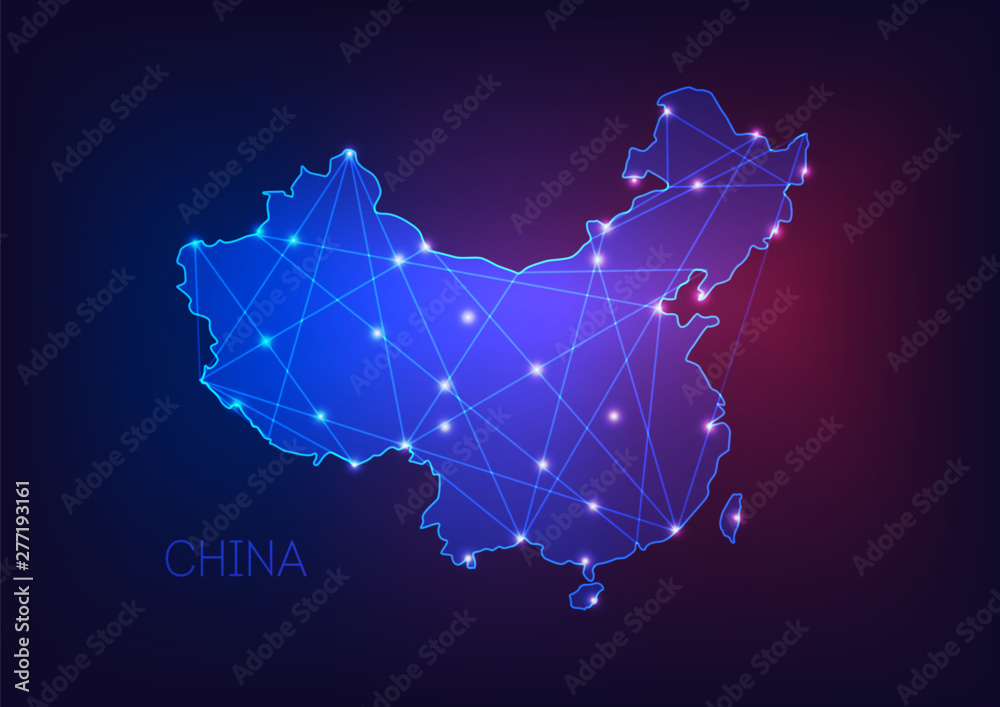 China map glowing silhouette outline made of stars lines dots triangles ...