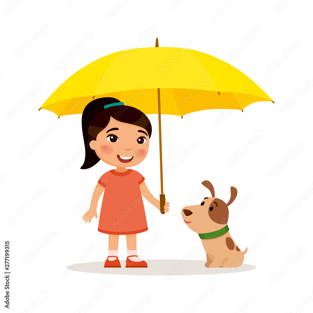 Puppy and cute little asian girl with yellow umbrella. Happy school or ...