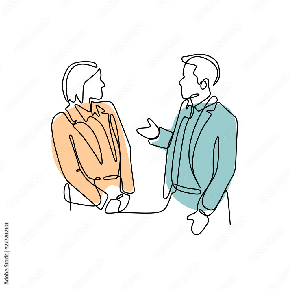 Single continuous line drawing of two young male and female startup ...