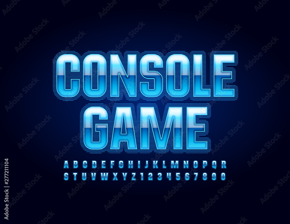 Vector blue glowing emblem Console Game with Uppercase Font. Techno ...