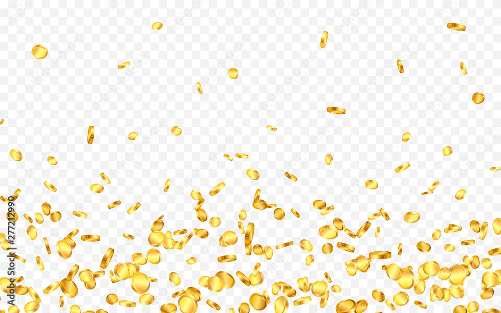 Falling from the top a lot of gold coins on transparent background ...