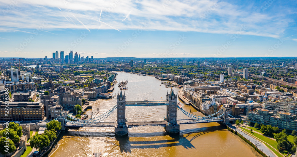 A view of Tower Bridge from above of the river Thames in London, United ...