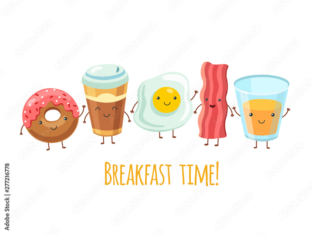 Happy breakfast characters. Egg sandwich coffee. Breakfast meal fried ...