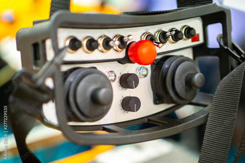 Manual control panel of the garbage truck. Garbage truck manipulator ...