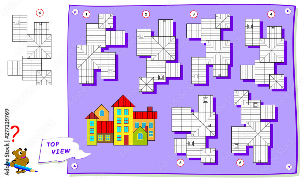 Logic puzzle game for kids. Need to find correct top view of buildings ...