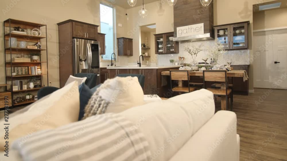 Kitchen Reveal from Behind Couch. view rises and reveals wide shot of ...