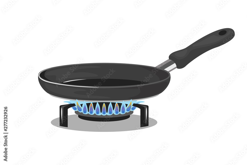 Frying pan on gas stove isolated on white background. Vector ...