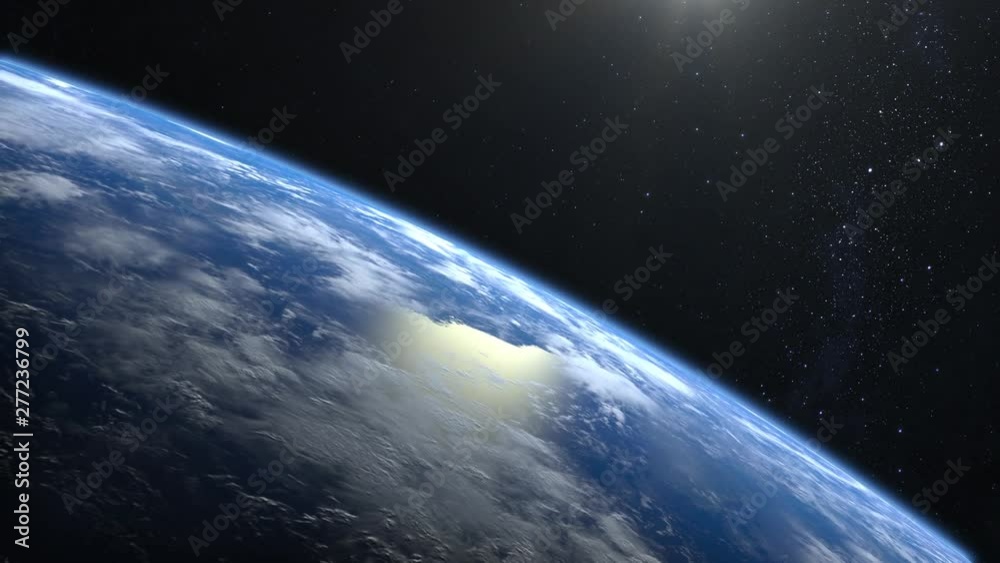 Earth from space. The camera flies away from the Earth. The horizon is ...