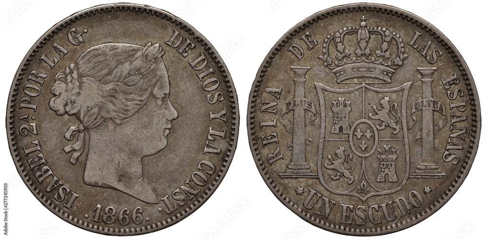 Spain Spanish silver coin 1 one escudo 1866, laureate head of Queen ...
