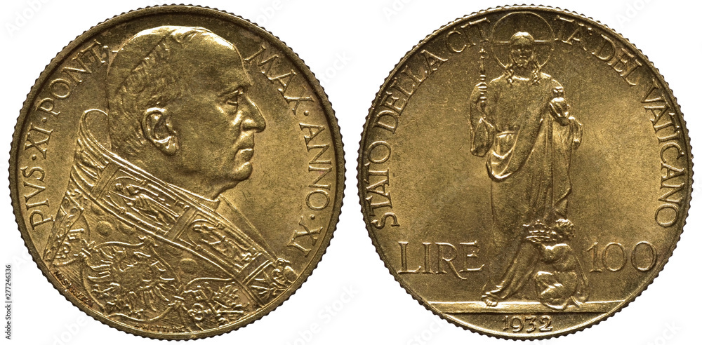 Vatican City golden coin 100 one hundred lire 1932, bust of Pope Pius ...