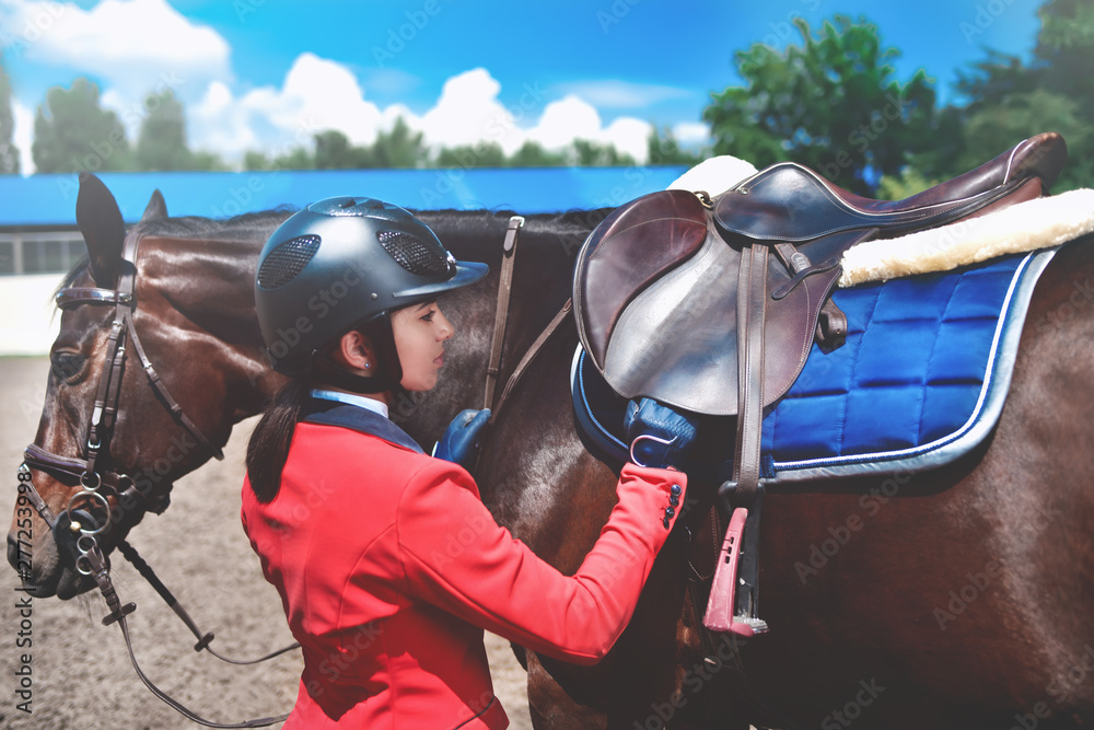Girl rider adjusts saddle on her horse to take part in horse races ...