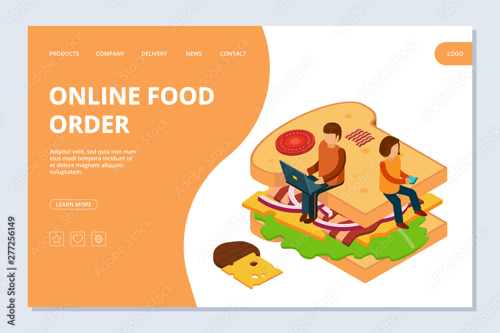 Online food order landing page template. Vector isometric sandwich and ...