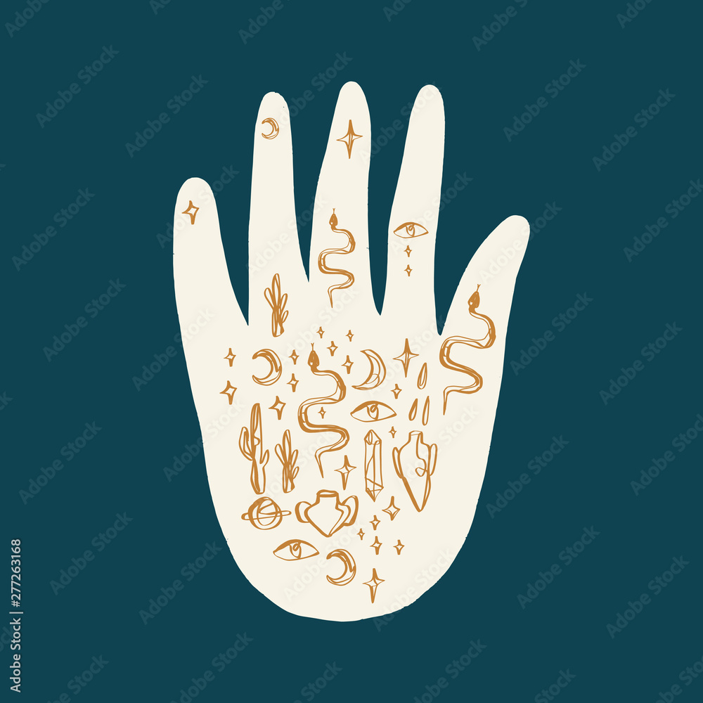 Hand with tattoo. Crystals, snakes and cacti plants. Eye of Providence ...