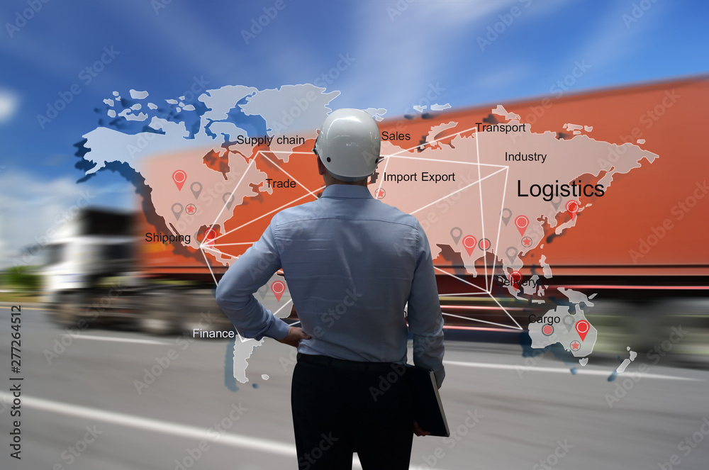 Double exposure of man with world map for logistic network distribution ...